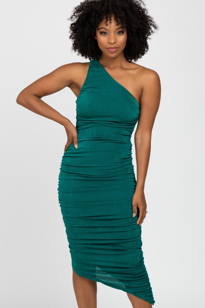 emerald green textured one shoulder wrap midi dres | Emerald green ...